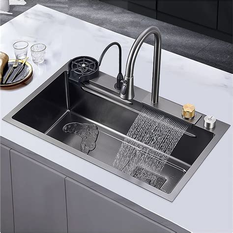 China Luxury Stainless Steel Farmhouse Modern Waterfall Flying Rainfall Single Bowl Kitchen