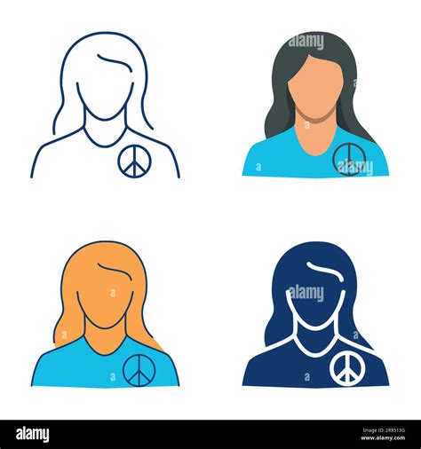 Woman With Peace Symbol Icon Set In Flat And Line Style Girl With