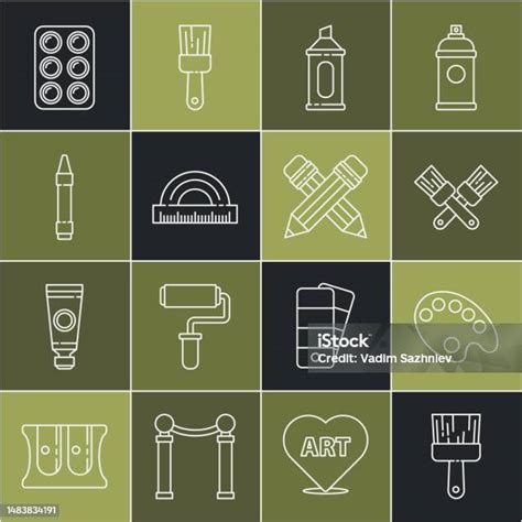 선 페인트 브러시 팔레트 교차 페인트 마커 펜 각도기 그리기용 왁스 크레용 수채화 물감 상자 및 지우개 아이콘이 있는 연필을 설정합니다 벡터 교육에 대한 스톡 벡터 아트 및