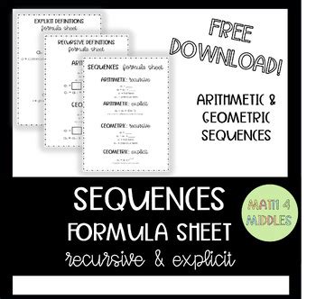 Freebie Arithmetic And Geometric Sequences Formula Sheet Recursive And