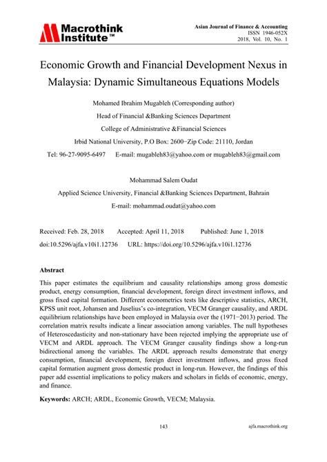 Pdf Economic Growth And Financial Development Nexus In Malaysia