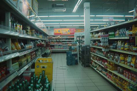 Interior Of Supermarket Full Of Grocery Items In Rows With Shelf