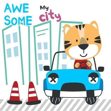 Premium Vector Vector Illustration Of Funy Tiger Driving The Blue Car
