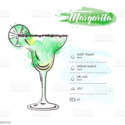 마가리타 바에서 음료를 만들기 위한 칵테일과 재료 세트를 이미지한 것입니다 흰색 배경에 수채화 스케치 벡터 일러스트레이션 마르가리타에 대한 스톡 벡터 아트 및 기타 이미지