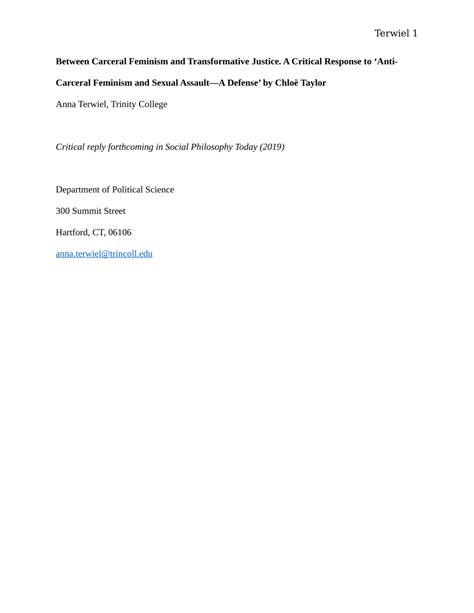 Pdf Between Carceral Feminism And Transformative Justice A Critical