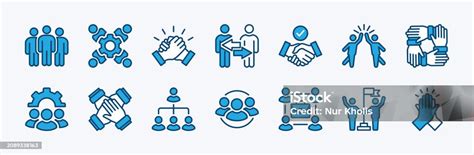 비즈니스 팀워크 아이콘 집합입니다 함께 일하는 팀 파트너십 작업 그룹 계약 악수 도움말 동맹 구조 계층 구조 협업 동료 협력을 포함합니다 벡터 일러스트 레이 션 개발에 대한