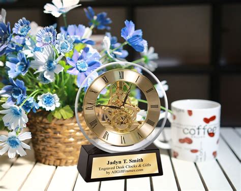 Personalized Crystal Clock Black Glass Base Gold Engraved Plate