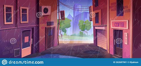 Empty Back Alley And City Street At Rainy Day Stock Vector