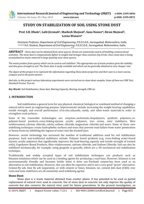 IRJET Study On Stabilization Of Soil Using Stone Dust PDF