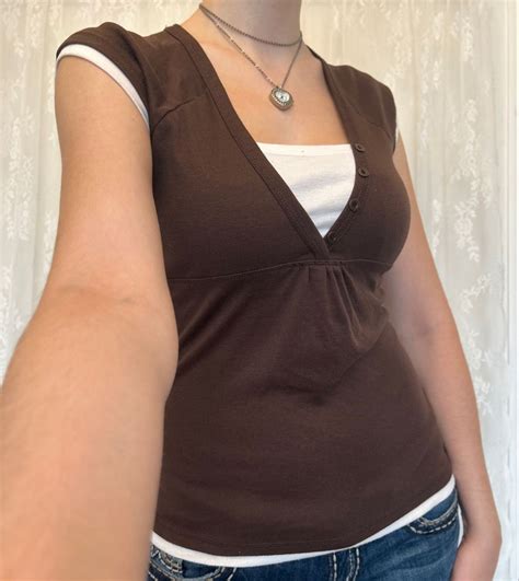 Y2k 2000s Dainty Brown Twilightcore Henley Depop Cute Casual Outfits Clothes 2000s Fashion