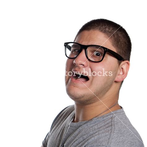 A Goofy Man Wearing Trendy Nerd Glasses Isolated Over White With A