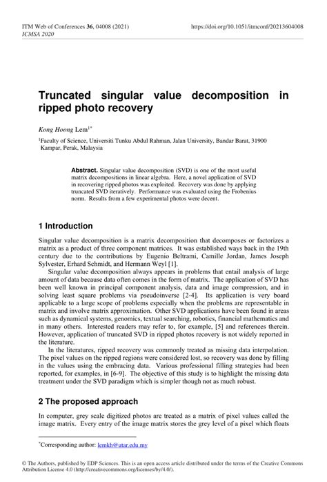 Pdf Truncated Singular Value Decomposition In Ripped Photo Recovery