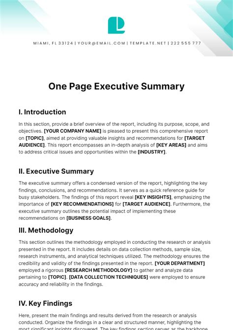 Free One Page Executive Summary Template To Edit Online