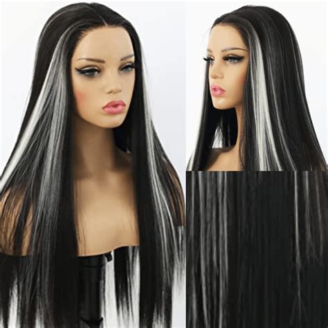 Black Wig With White Highlights Wig Long Straight With 100 Human Hair
