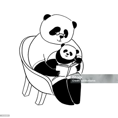 벡터 그림 색칠에 대 한입니다 에 T짧은 자에 앉아 그의 작은 아들 팬더 그냥 자 고 하는 책을 읽고 아버지 팬더 0명에 대한 스톡 벡터 아트 및 기타 이미지 Istock