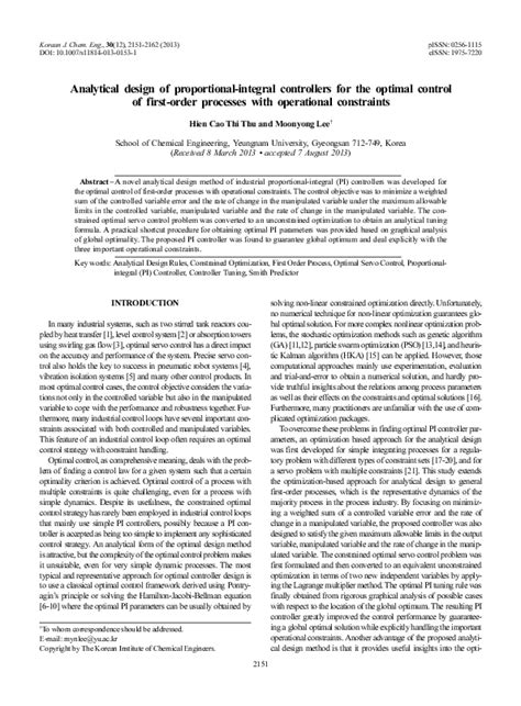 Pdf Analytical Design Of Proportional Integral Controllers For The Optimal Control Of First