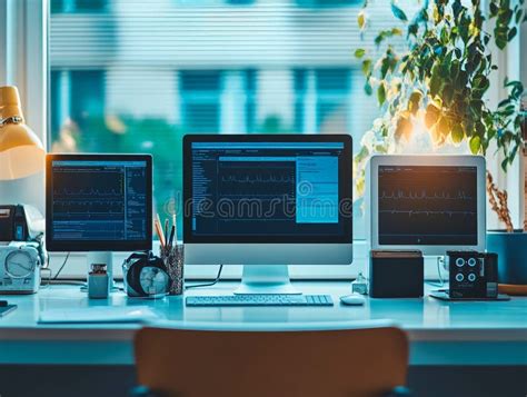 Indoor Workspace With Three Computer Monitors Displaying Financial Data Keyboard And Mouse