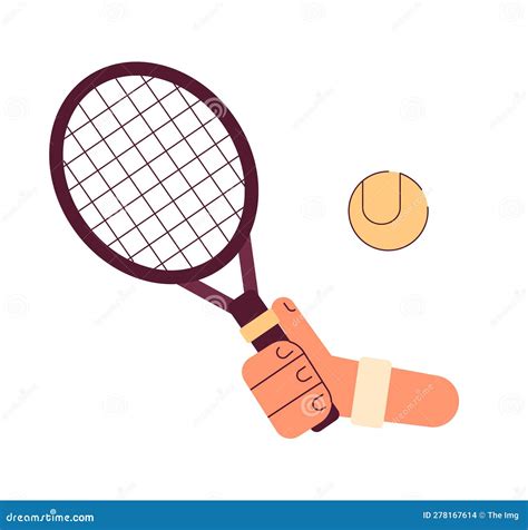 Hand With Racket Hitting Tennis Ball Semi Flat Colorful Vector First