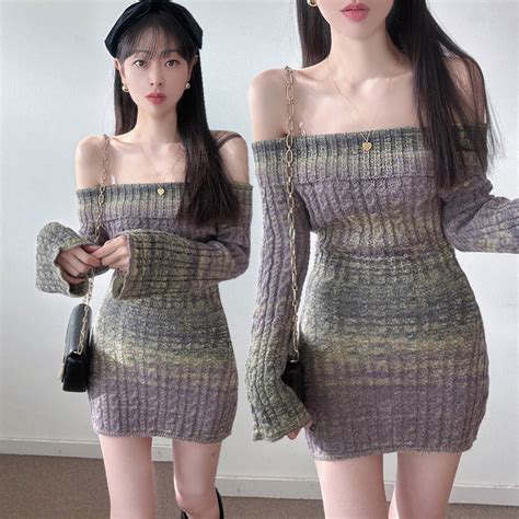 저렴이x 색감달라요 보라 보카시 오프숄더 케이블 니트 미니 여리핏 원피스 연말룩 데이트룩 에이블리
