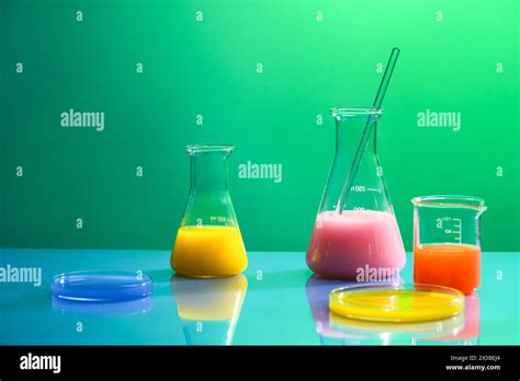 Laboratory Experience And Research Concept With Few Conical Flasks Petri Dishes And A Beaker Of