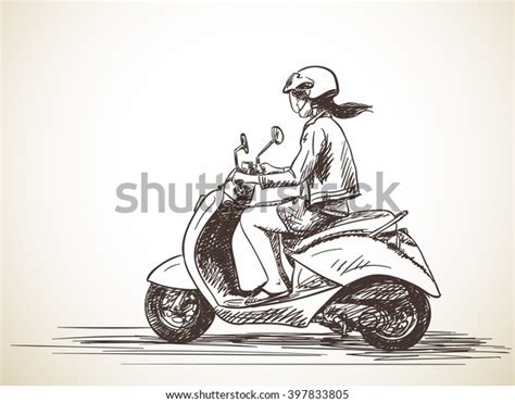 Sketch Woman Riding Scooter Hand Drawn Stock Vector Royalty Free