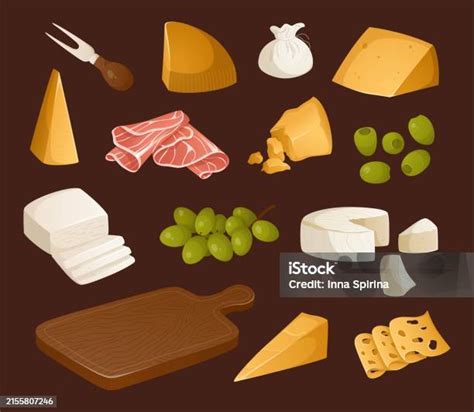 갈색 배경에 와인을위한 다양한 종류의 치즈 과일 및 기타 전채 세트 사실적인 스타일의 벡터 일러스트 레이 션 치즈보드에 대한 스톡 벡터 아트 및 기타 이미지 Istock