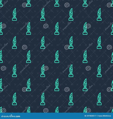 Green Line Feather And Inkwell Icon Isolated Seamless Pattern On Blue
