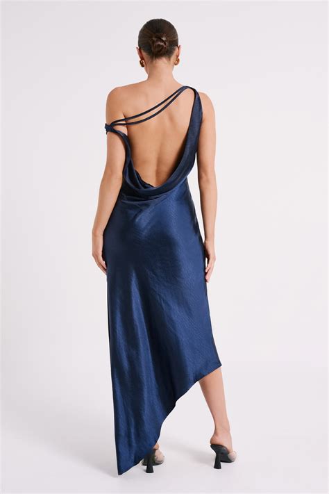Yvette Slip Maxi Dress With Asymmetrical Hem Navy Meshki Us