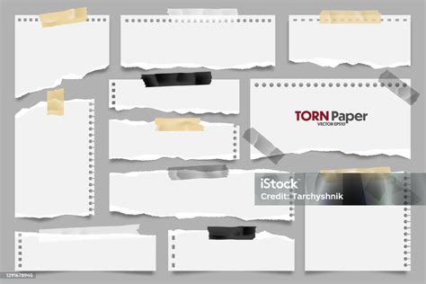 흰색 찢어진 종이 스트립 컬렉션 찢어진 가장자리와 접착제 테이프로 사실적인 종이 스크랩 스티커 노트 노트북 페이지의 조각 벡터