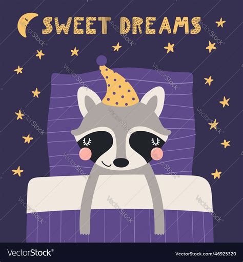 Cute Funny Sleeping Raccoon With Pillow Blanket Vector Image