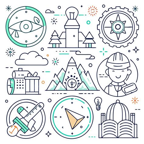 An Illustration Of Different Objects Like A Compass A Building And A Mountain Premium Ai