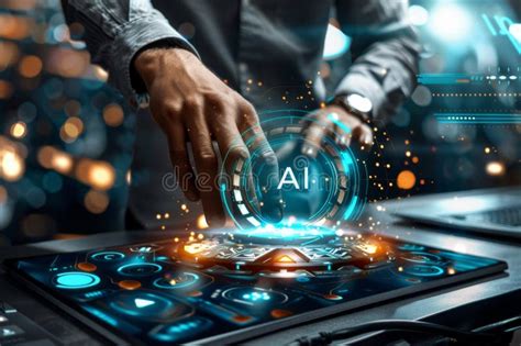 Hand Interacting with AI Digital Interface in a High Tech, Futuristic Setting, Symbolizing ...