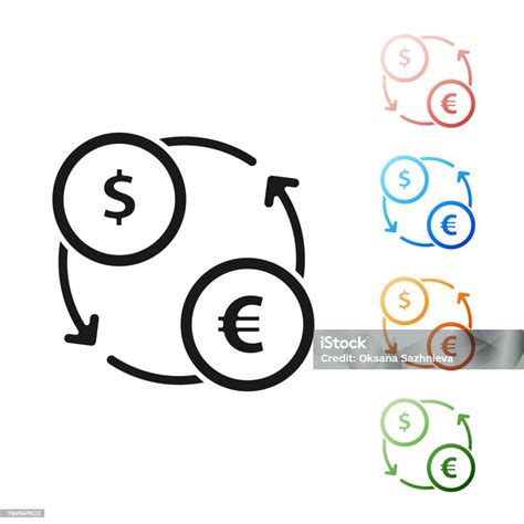 흰색 배경에 고립 된 검은 환전 아이콘 유로 및 달러 현금 전송 기호입니다 은행 통화 기호입니다 다채로운 아이콘을 설정합니다