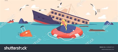 Shocked Woman Swim On Lifebuoy Trying Stock Vector Royalty Free