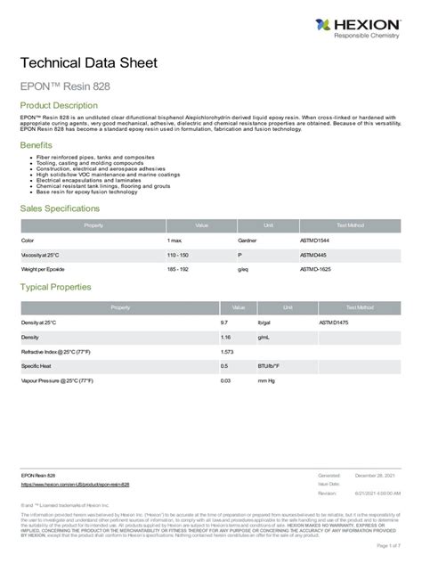 Technical Data Sheet Epon™ Resin 828 Pdf Epoxy Chemistry
