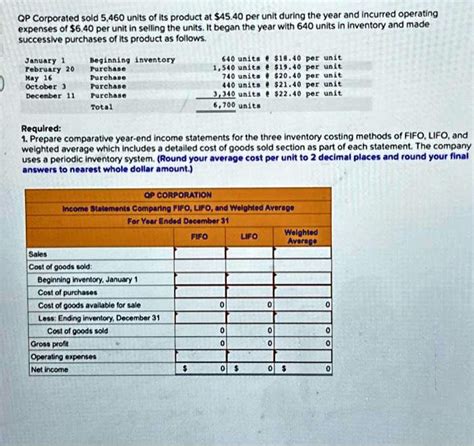 SOLVED QPCORPORATION Income Statements Comparing FIFO LIFO And Weighted Average For Year