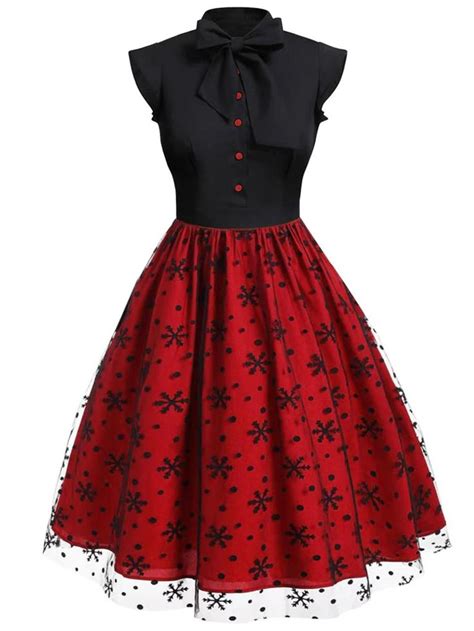 Red And Black 1950s Christmas Tie Bow Mesh Dress Mesh Dress Romper