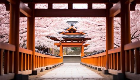 Cherry Blassom A Photo Of Cherry Blossoms Framed By A Traditional Japanese Torii Gate Premium