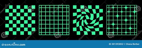 Set Of Acid Abstract Y2k Aesthetics Backgrounds With Grids Chessboards