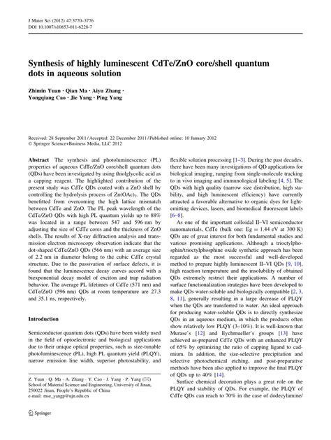Pdf Synthesis Of Highly Luminescent Cdtezno Coreshell Quantum Dots