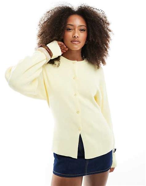 Asos Design Knitted Structured Crew Neck Cardigan In Buttermilk Asos