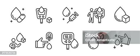 혈당 포도당 치료 아이콘 벡터 세트 당뇨병 건강 확인 측정 떨어뜨린 혈액 기호 선 그림 벡터에 대한 스톡 벡터 아트 및 기타 이미지 Istock