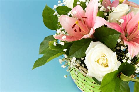 파란색 배경에 파스텔 색상에 아름다운 꽃을 닫습니다 인사말 카드 엄마의 날 결혼식 초대장 생일 공간을 복사합니다 0명에 대한
