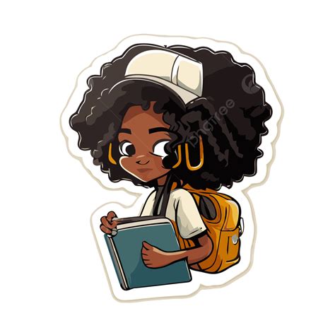 Black Girl With Backpack And Book On Sticker Vector Clipart Black