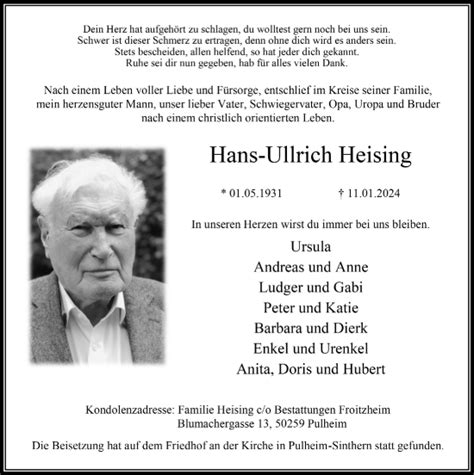 Traueranzeigen Von Hans Ullrich Heising Wirtrauern