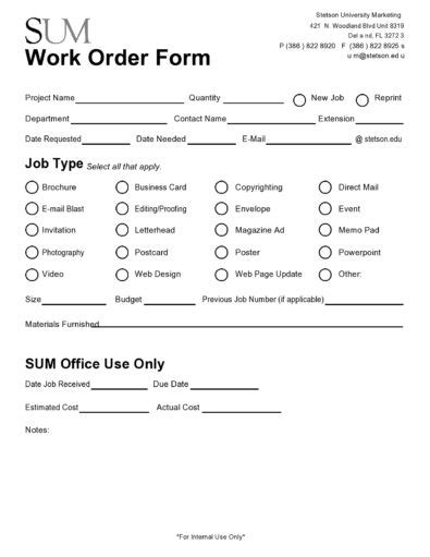 52 Printable Work Order Templates Excel Word PDF