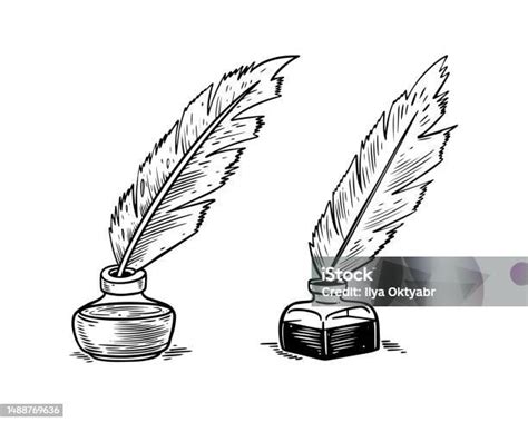 Ensemble De Plumes Et Dencre Dessiné À La Main Croquis En Couleur Noire