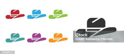 흰색 배경에 고립 된 검은 서양 카우보이 모자 아이콘 다채로운 아이콘을 설정합니다 벡터 일러스트레이션 가죽에 대한 스톡 벡터 아트 및 기타 이미지 Istock