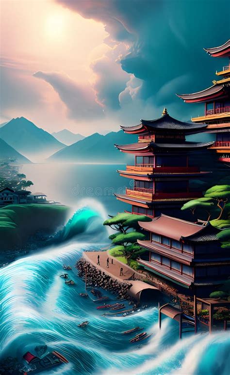 Tsunami Waves Attack Town Ai Generated Stock Illustration