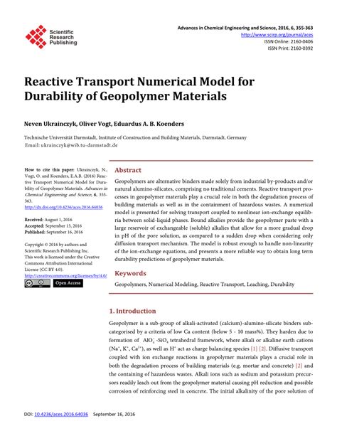 Pdf Reactive Transport Numerical Model For Durability Of Geopolymer Materials